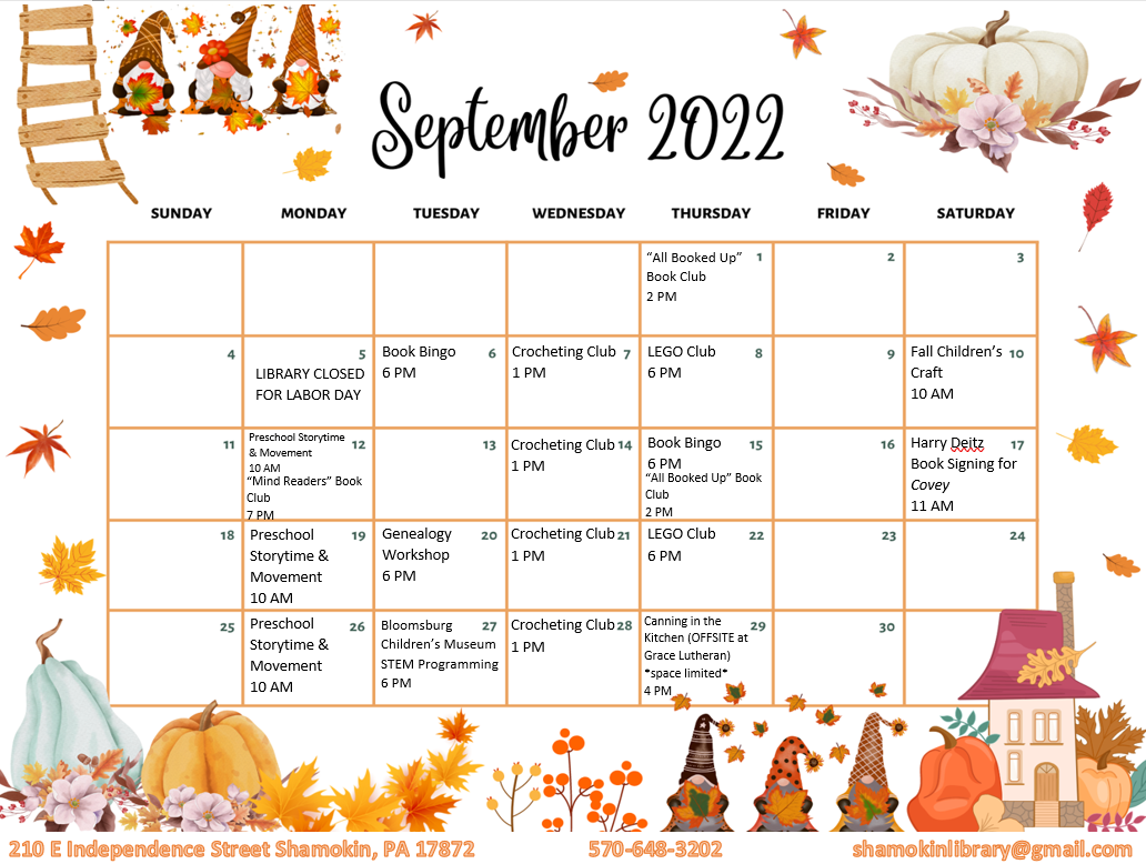 September 2022 Event Calendar – Shamokin-Coal Township Public Library