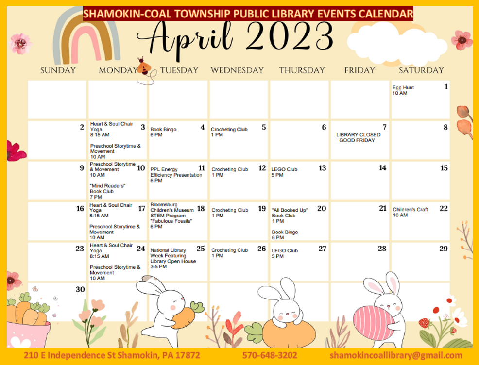 April 2023 Events Calendar – Shamokin-Coal Township Public Library