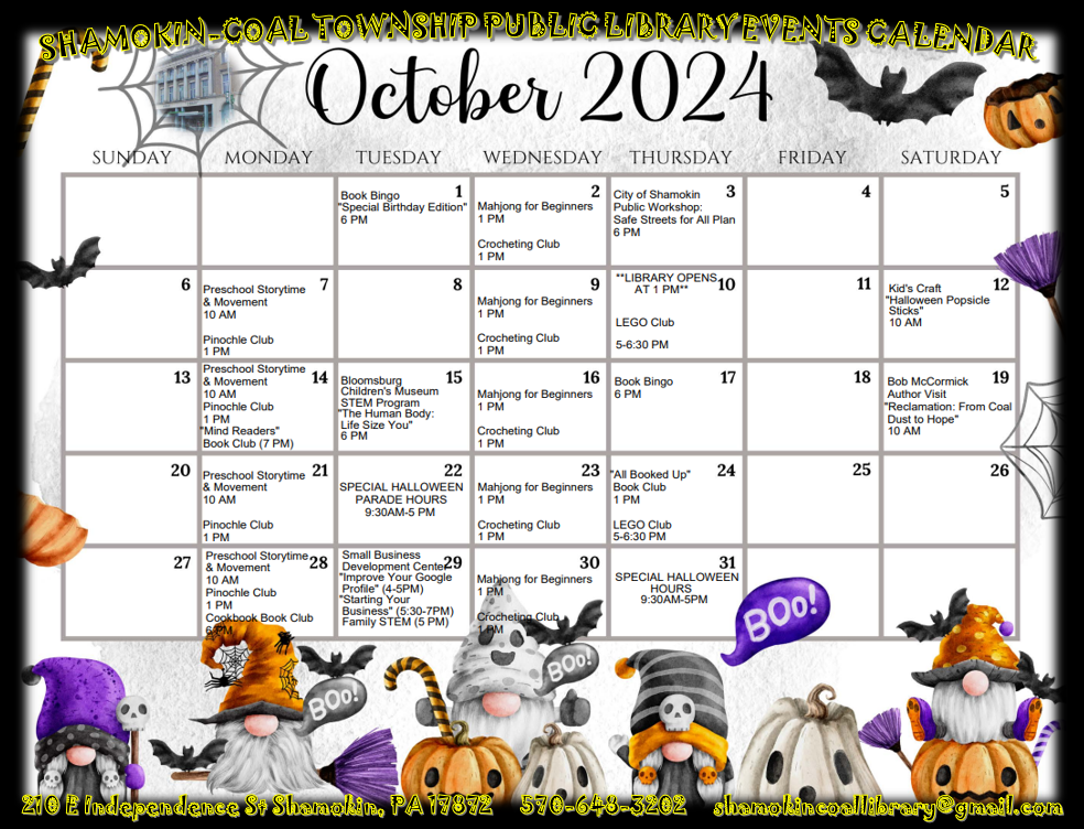Updated October 2024 Library Events Calendar – Shamokin-Coal Township ...